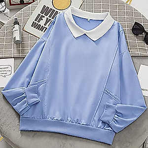 Wrenpies Women Sweatshirts Cotton Hoodie Aesthetic Pullover Turn-Down Collar Sweatshirt for Girls Kawaii Clothes Pocket Tops (Blue,M,Medium)