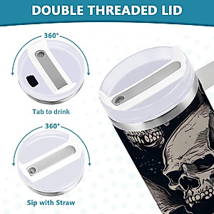 Nesatuwa 40 oz Gray Skull Tumbler with Handle and Straw Lid,Reusable Stainless Steel Vacuum Insulated Tumbler Leakproof Travel Coffee Mug for Iced and Hot Beverages