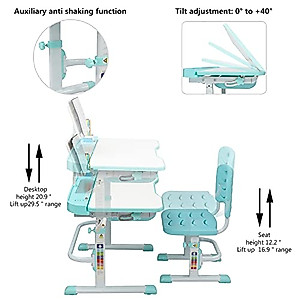 Desk and Chair Set Adjustable Height Desk Chair Writing Drawing Reading Tables with Drawer Storage Bookstand, Blue Green-A