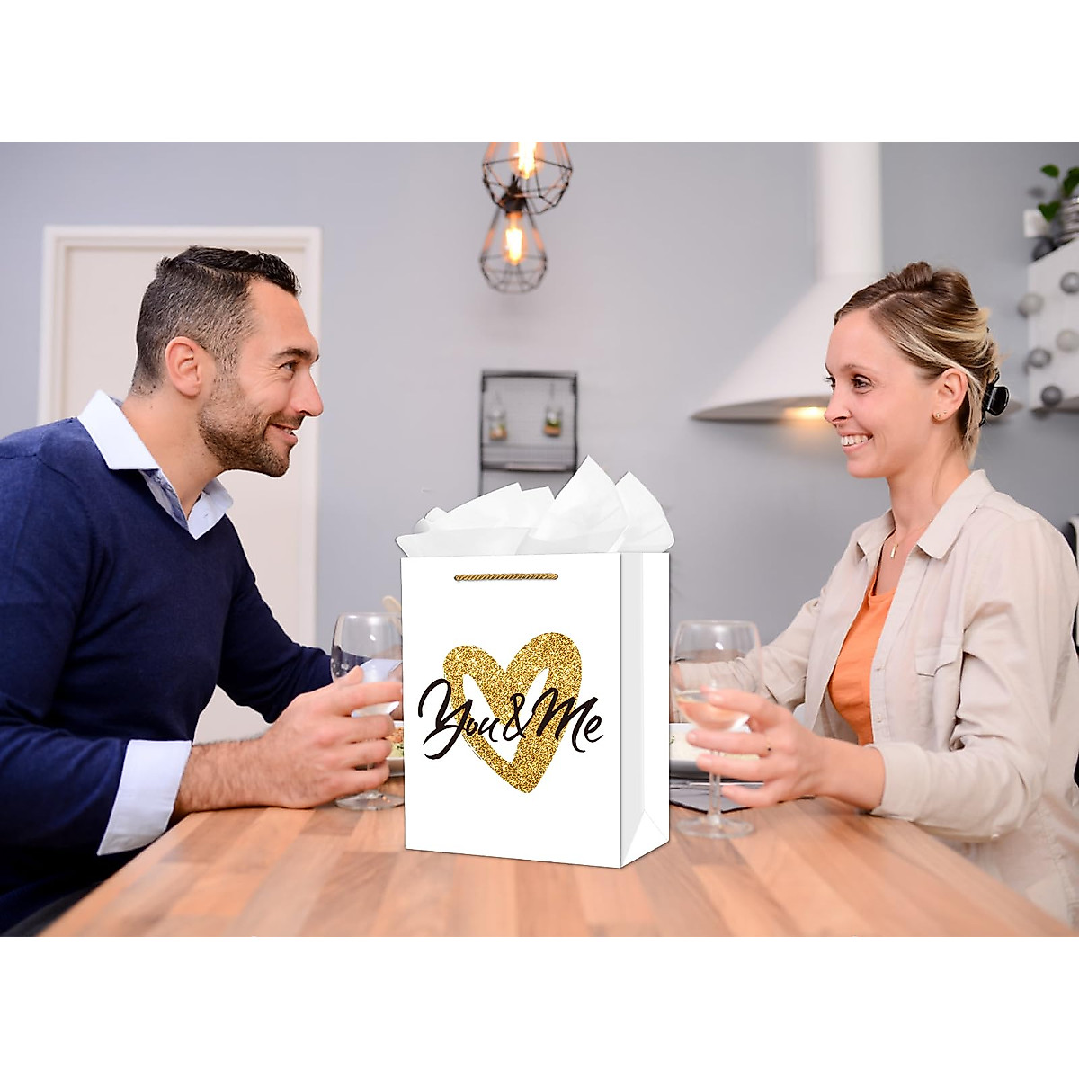 D4DREAM 13"Large Anniversary Paper Gift Bag with Handle for Him Her You and Me Valentines Day Gifts Bag with Tissue Paper for Husband Wife Boyfriend Girlfriend Newlyweds Couple Birthday Party Supplies