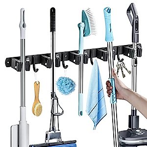 LOVZEN Broom Holder Wall Mount, Broom Organizer Wall Mount Stainless Steel Mop and Broom Holder Wall Mounted Heavy Duty Broom Hanger Storage Rack for Kitchen,Laundry Room,Garden 5 Rack 4 Hooks Black