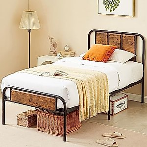 VECELO Bed Frame with Wooden Headboard Metal Slats, High Metal Platform Bed, No Box Spring Needed(Twin, Vintage Brown)