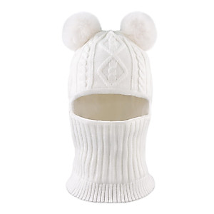 Winter Baby Knitted Hat Scarf Kids Boys Girls Hood Hats Toddler Earflap Beanie with Pompom (White 2, S)