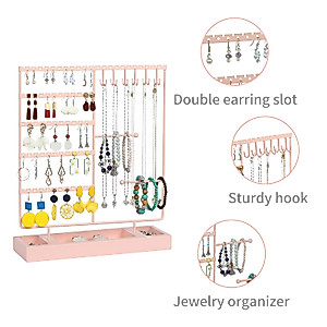 X-cosrack Earring Organizer Holder, 5-Tier Ear Stud Holder with Wooden Tray, Jewelry Towers for Earrings Necklaces Bracelets Watches and Rings,Earring Display Stand, Pink