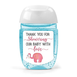 Hand Sanitizer Labels Thank You for Showering Our Little One with Love Stickers, Baby Shower Favor Party Favors Girls., Blue,1.26inches x 1.39inches