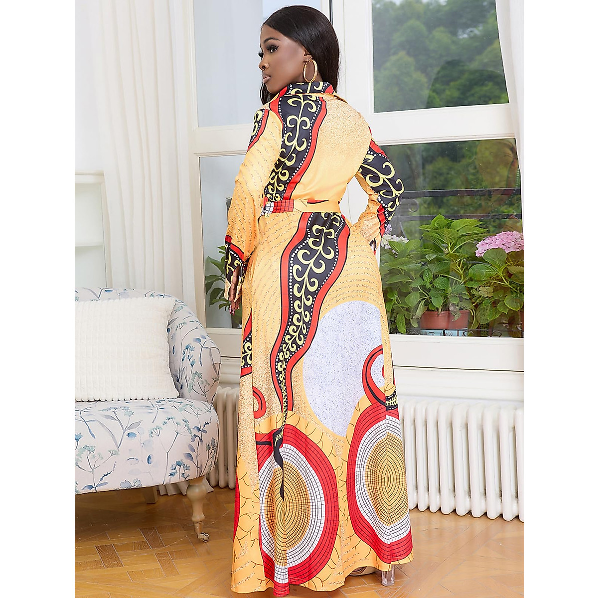 MsavigVice Women Maxi Dresse Casual Floral Print Button Down Loose Dresses for Women with Belt Party Outfit XL