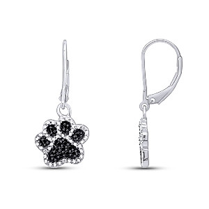 Black & White Natural Diamond Paw Print Dangle Earrings In 14K White Gold Over Sterling Silver (1/6 Ct)