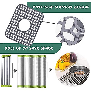 Kitchen Sink Silicone Protector Mat: 2 PCS Sink Mats 1 Drying Rack for Center Drain, Folding Non-slip Support Grid Sink Mat for Bottom of Stainless Steel Porcelain Sink Protectors Mat 13.8'' x 11.8''
