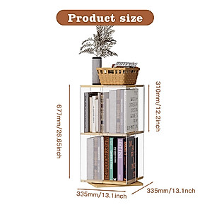 tonchean Rotating Bookshelf, 2-Tier Acrylic Bookcase Clear Floor Standing Display Case Bamboo Book Display Shelf for Classroom Playroom Bedroom Living Room