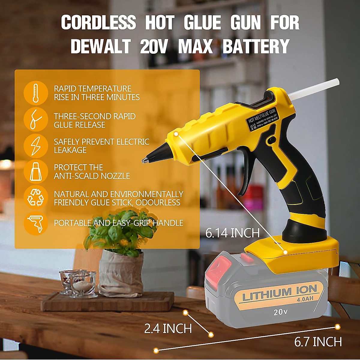 Cordless Hot Glue Gun for DeWalt, Handheld Glue Gun for DeWalt 18/20V Max Li-ion Battery, 30s Quick Preheat, for Arts & Crafts & DIY with 30 Glue Sticks (Tool Only)