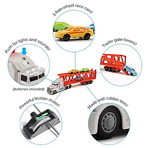 Vokodo Toy Semi Truck Trailer 3 Car Carrier 14" Friction Powered with Lights and Sounds Kids Push and Go Big Rig Auto Transporter Vehicle Semi-Truck Pretend Play Great Gift for Children Boys Girls