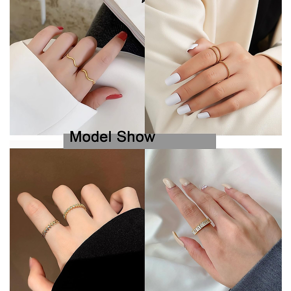 OPFIV 6Pcs 14K Gold Plated Stacking Rings for Women Teen Cubic Zirconia Wave Stackable Thin Gold Ring Plain Statement Band Promise Eternity Bands Ring Comfort Fit Size 6-9 (Gold, 7)