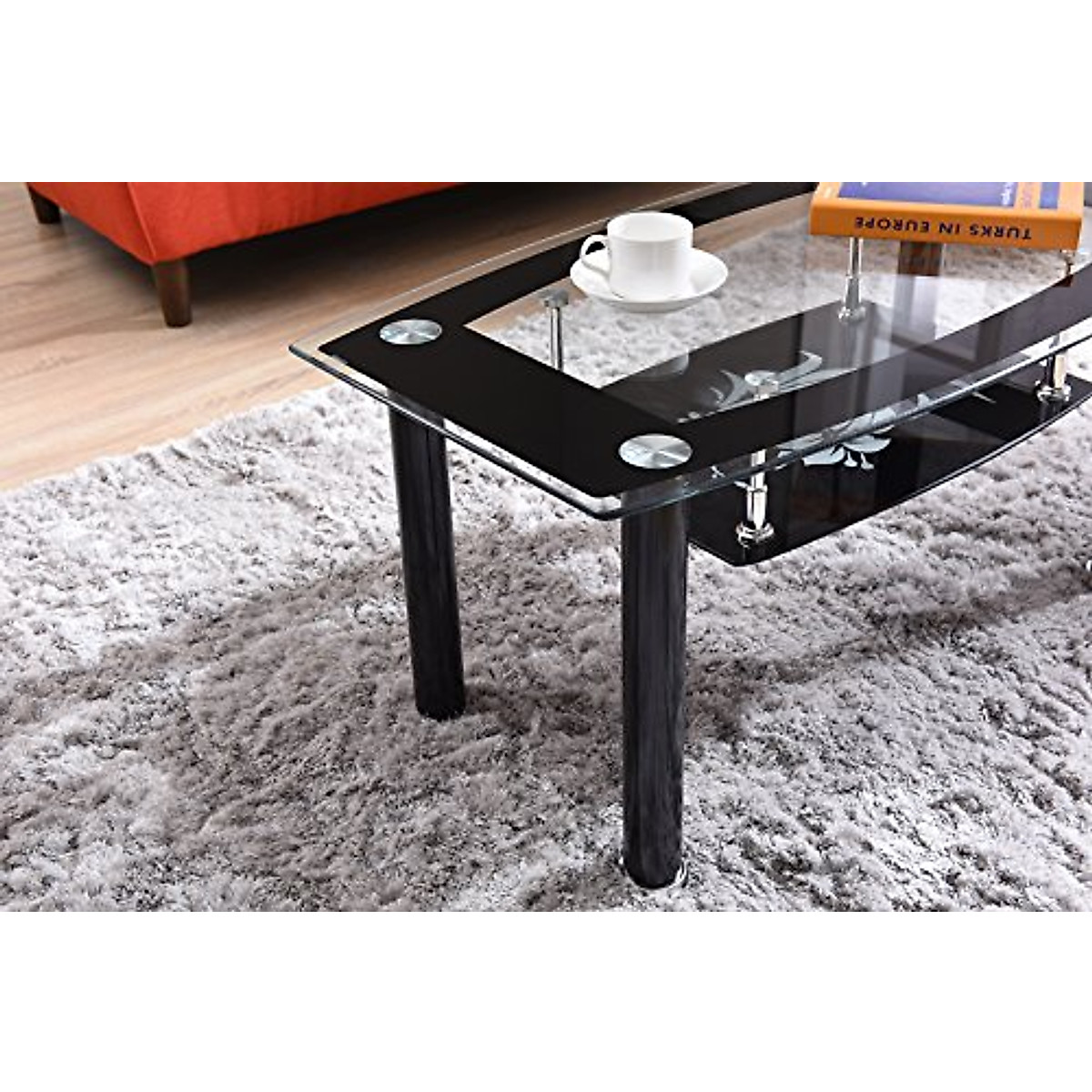 Hodedah Two Tier Rectangle Tempered Glass Coffee Table, Black