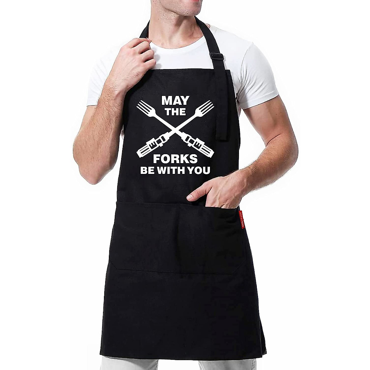 XBPDMWIN Funny Grill Aprons for Men - May The Forks Be With You - Men Aprons for Cooking Funny - Men’s Funny Chef Cooking Grilling BBQ Aprons - Star Fathers Day Gifts for Dad, Husband, Movie Fans