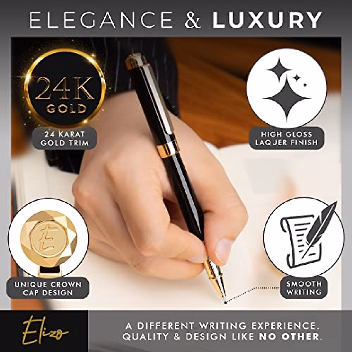 Elizo Luxury Pen Fancy Pens Real 24K Gold Plated Trim Leather Pen Case Nice Pen Gift Set Rollerball Schmidt Ink Refill Cool Pens Best Pens Cute Pens EDC Pen Executive Smooth Writing Pens for Men Women
