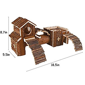 Natural Wooden Hamster Tunnel Playground Small Animal Multi-Room Hideouts Houses with Climbing Ladders & Bridge for Dwarf Hamster Mice and Other Small Animals,18.5 * 8.7 * 6 Inch