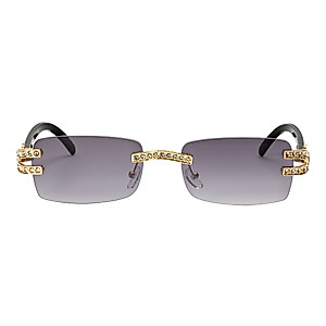 Retro Vintage Style Rimless Clear Lens Sunglasses for Women & Men Luxury Glasses Fashion Crystal Wood Eyewear Shades (Y Decor Smoke)