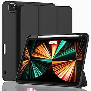 ZryXal New iPad Pro 12.9 Inch Case 2022/2021/2020(6th/5th/4th Gen) with Pencil Holder,Smart iPad Case [Support Touch ID and Auto Wake/Sleep] with Auto 2nd Gen Pencil Charging (Black)