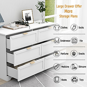 UYIHOME 6 Drawer Dresser for Bedroom, Modern Long Dresser Chest with Large Drawer, Wooden Chest of Dresser Storage Cabinet Organizer Unit for Living Room, Cloakroom, Entryway, Hallyway, White