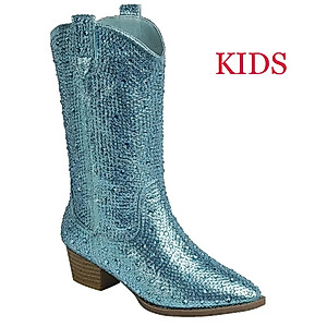Forever Girls/Kids Rhinestone Western Cowgirl Cowboy Pointed Toe Low Heel Boots River-11K Blue 2