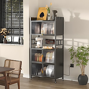 REENLIV 5-Tier Bakers Rack with Power Outlet, Microwave Stand, Bread Rack,Coffee Stand, Baker's Rack with Rolling Wheels and 4 Hooks, Kitchen Shelves for Spices, Pots and Pans,Black