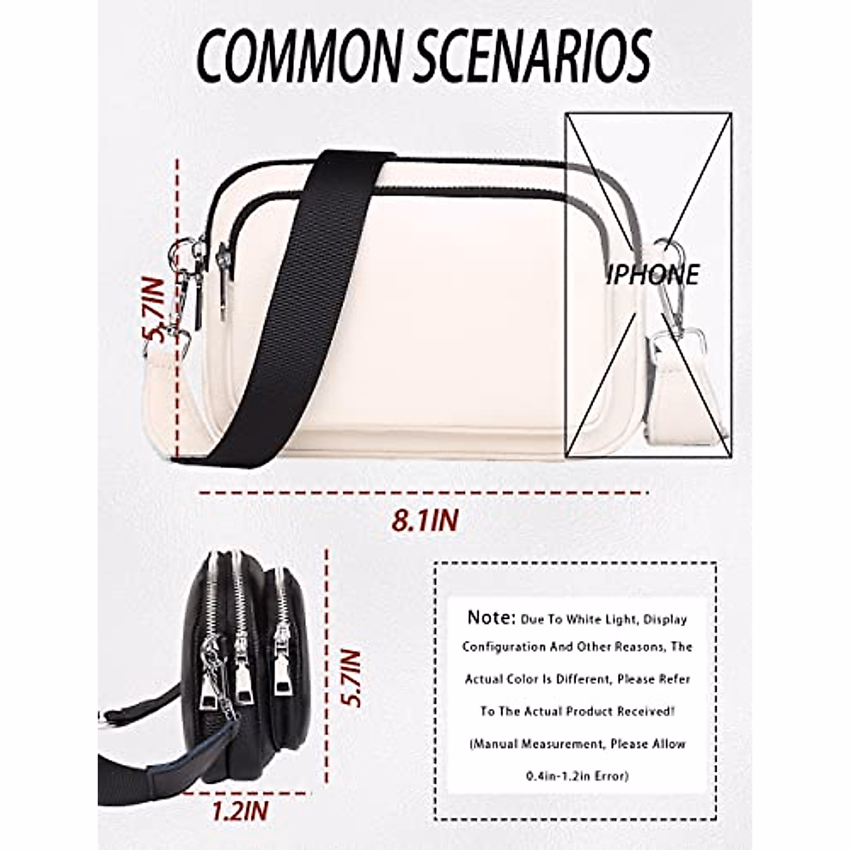 Noiosor Triple Zip Small Crossbody Bags Purses Women Wide Strap Genuine Leather Shoulder Handbag Multi Pockets Snapshot Phone Purse Beige