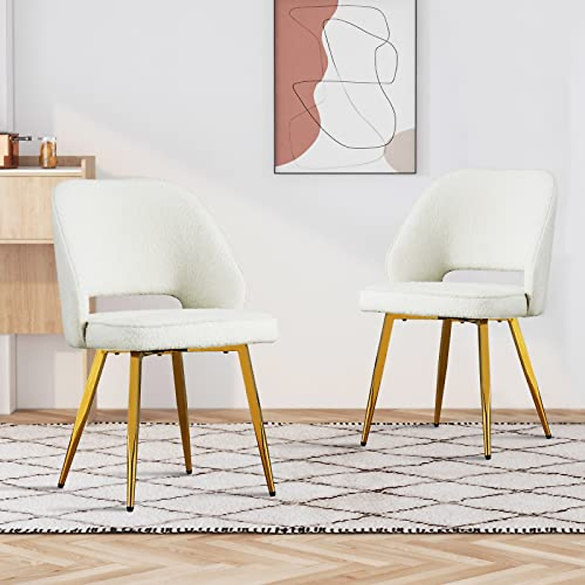 Ebullient Modern Velvet Dining Chairs Set of 2, Upholstered Living Room Accent Chairs, Gold Vanity Chairs，mid Century Chair for Living Room Kitchen Bedroom (White + Gold Legs, Set of 2)