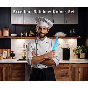 WELLSTAR Rainbow Knife Set 16 Pieces with 8 Knives and 8 Blade Guards, Iridescent German Stainless Steel Kitchen Knives with Durable Sheath Cover, Colorful Titanium Coated Chef’s Cooking Knife Set