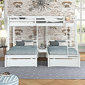Triple Bunk Bed for Kids Teens,Can Be Separated Into 3 Full Over Twin & Twin Bunked Bedframe with Storage Drawer and Guardrails Wood for Living Room Bedroom,White