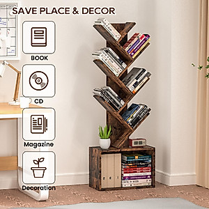 Art-GIFTREE Wood Tree Bookshelf 6 Tier, Sturdy Retro Floor Standing Bookcase, Storage Rack for Home Office, Bedroom, Living Room, Reading Spot, Heavy Book Organizer Shelves for CDs/DVDs/Movies