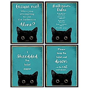 Teal Blue Bathroom Wall Decor - Funny Cat Bathroom Decor - Bathroom Rules Decorations for Women, Kitty, Kitten, Animal Lovers - Guest Bathroom - Restroom Sign - Bath Wall Decor - Powder Room Wall Art