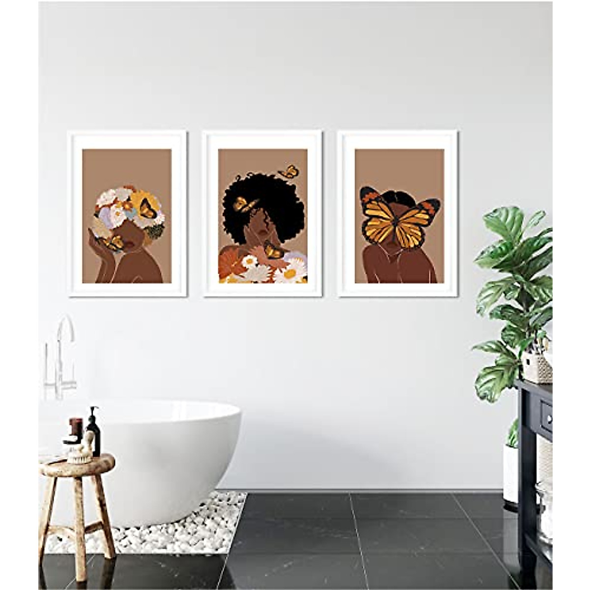 MUELOSY African American Woman Art, Fashion Art, Woman Fashion Portrait, Black Girl wall Art, Black Woman with Butterfly With Flower Wall Art Cavans Décor,12x16in set of 3 (Frameless Canvas)