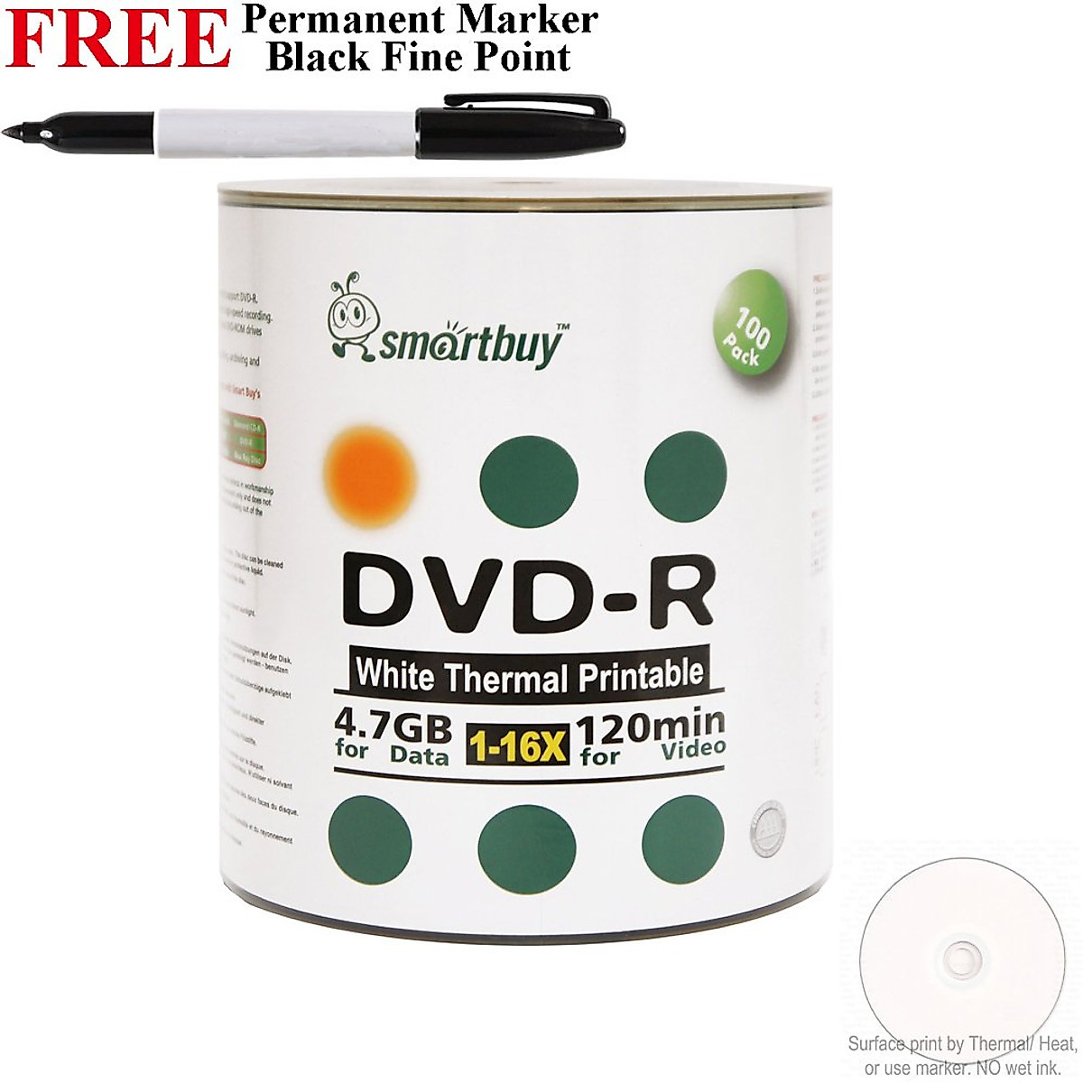 Smartbuy 100-disc 4.7GB/120min 16x DVD-R White Thermal Hub Printable Blank Media Disc + Black Permanent Marker
