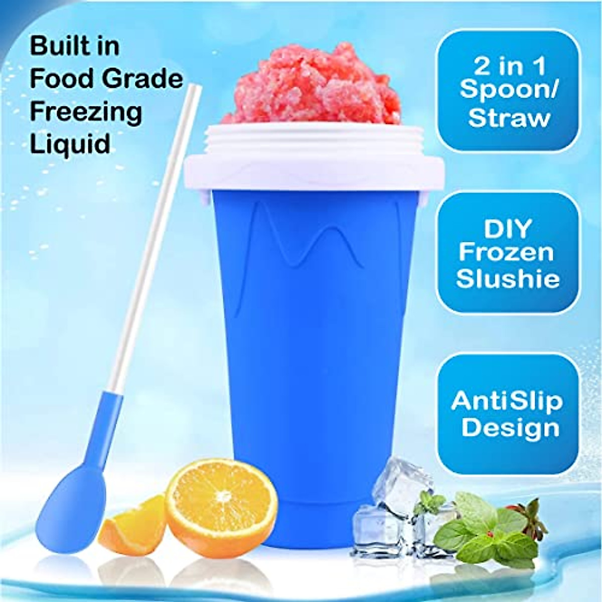 Slushie maker cup, Homemade Squeeze Icy Quick Frozen Magic Cup Slushy With Lids And Straws For Kids & Adults (Blue)