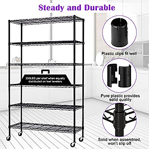Storage Shelves 6-Tier Wire Shelving Unit Garage Shelving with Wheels 2100LBS Capacity,18" D x 48" W x 78" H Metal Shelves Storage Rack Heavy Duty Shelving for Garage Kitchen Pantry,Black