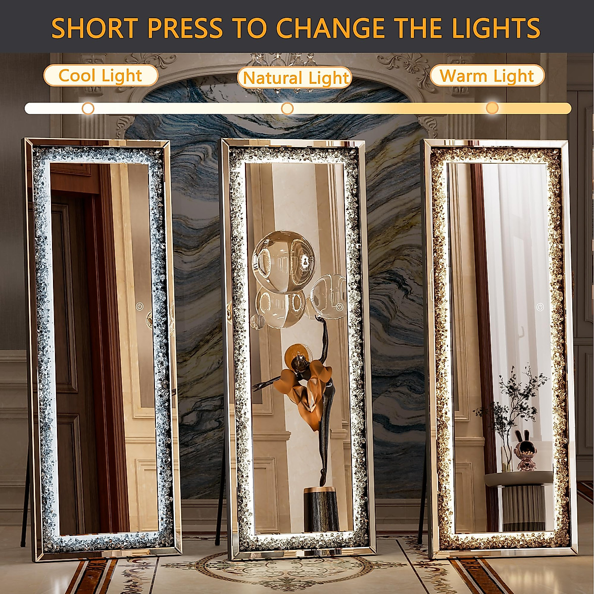 Hasipu Full-Length Mirror 63”×20” with Lights and Crystal Crush Diamond, Wall Mounted Hanging Diamond Mirror Leaning for Living Room Bedroom