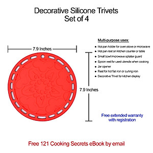 Silicone Hot Pads (Set of 4) - 6 in 1 Multi-Purpose Kitchen Tool, Pot Holder, Splatter Guard, Microwave Cover, Jar Opener, Decorative Trivet, Red, 8 Inches. Includes 121 Cooking Secrets Ebook