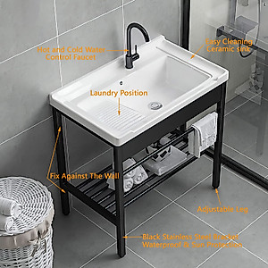 Freestanding Sink, 28.3" × 19" × 32.3" Ceramic Utility Sink with Washboard Set with Bracket and Drain Kit for Laundry Room, Garage, Basement, Outdoor and Indoor