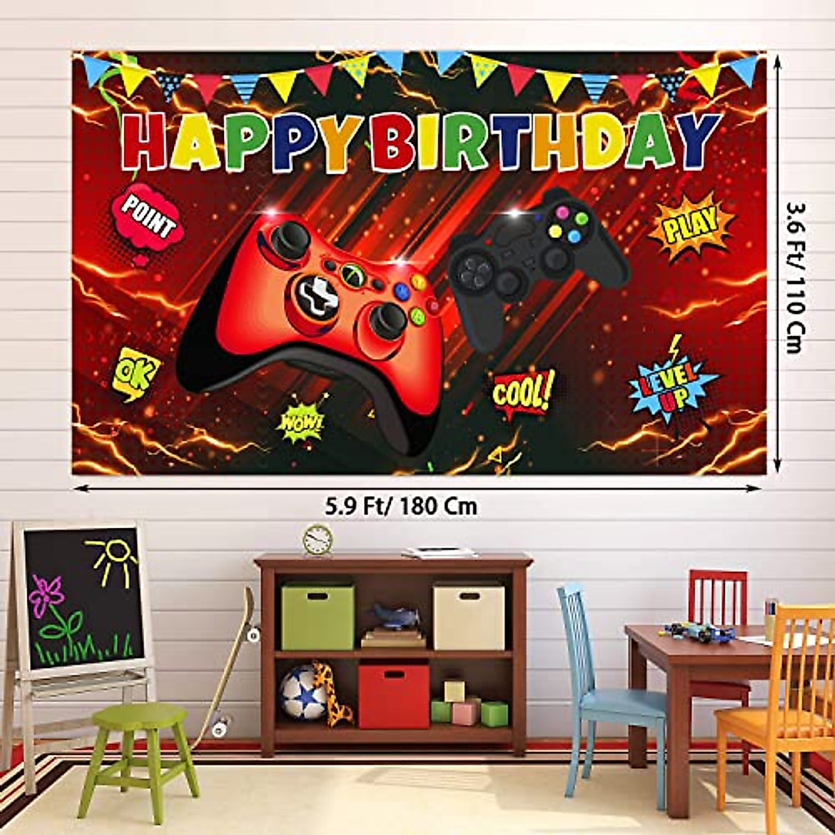 Video Game Birthday Party Decorations - 109Pcs Red and Black Gamer Gaming Party Supplies For Boys Birthday Party - Happy Birthday Gaming Backdrop, Table Cover, Hanging Swirls, Cupcake Topper, Cake Topper, Multi-Color Balloons and Foil Gamer Balloon