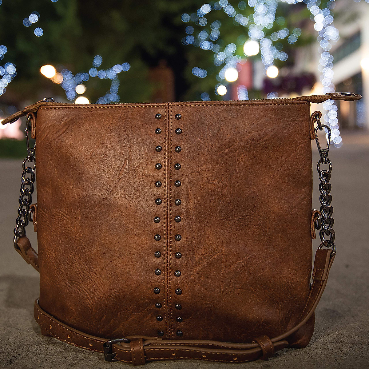 K&Bo Stevie Women’s Studded Chain Crossbody Handbag Purse Brown, Rocker Chic Boho Medium, Converts to Clutch Bag, Lightweight