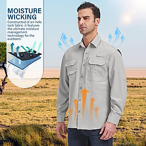 linlon Mens Safari Shirts Long Sleeve UV Protection Hiking Fishing UPF 50+ Quick Dry Cooling Camping Travel Shirts#5066-Light Grey-2XL