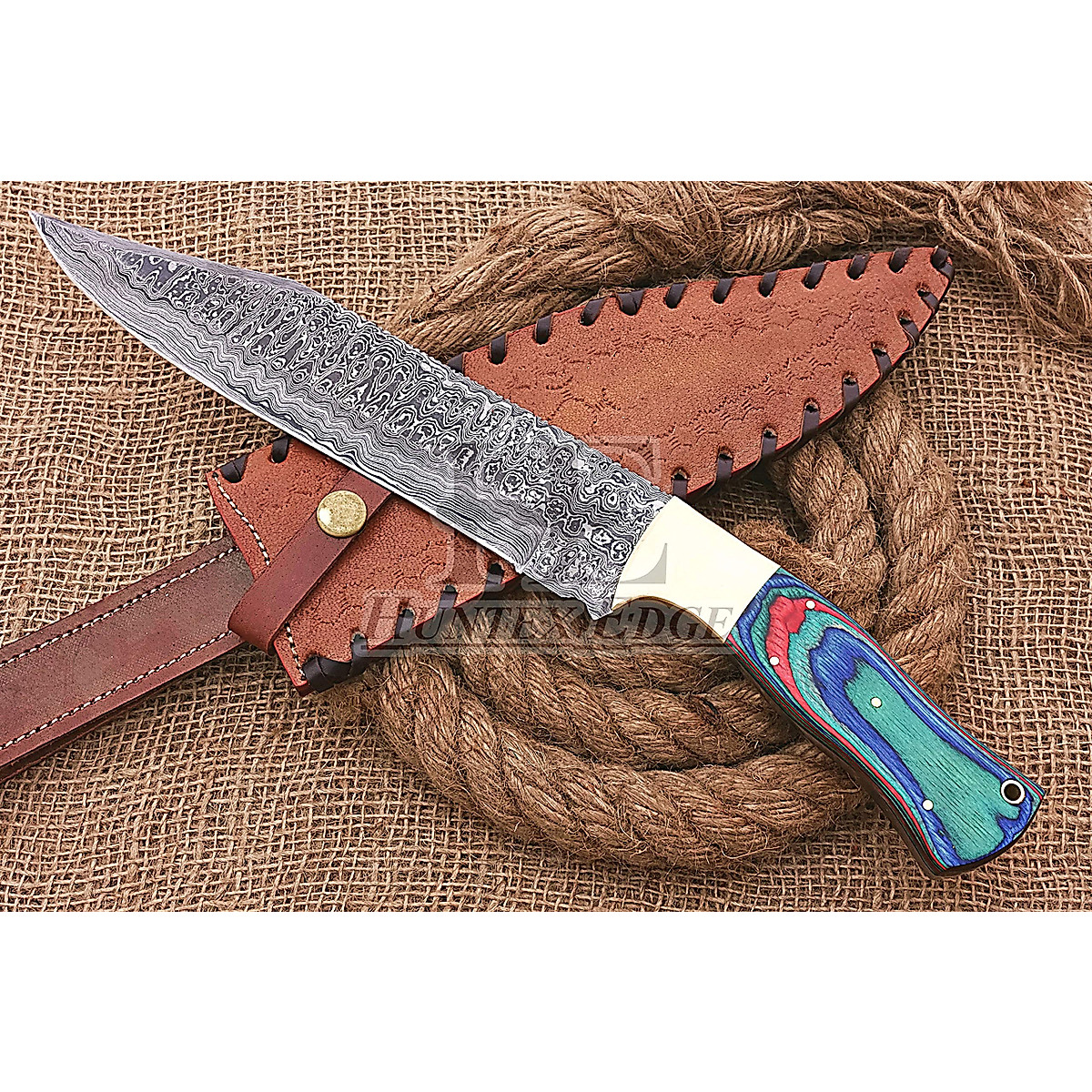 HUNTEX Handmade Hand-Forged Rain Drop Pattern Damascus Steel 14 Inch Long Full Tang Pakka Wood Handle Razor Sharp Hunting Camping Bowie Knife w/Genuine Leather Sheath