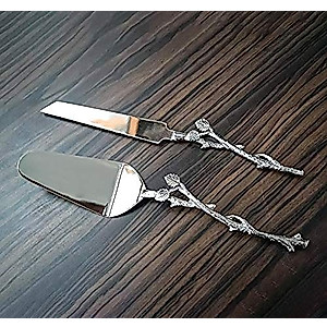 Elegant Rustic Cake Server and Knife Set with Beautiful Leaf Design, Ideal Cake Cutting Set For Wedding Party's and Elegant Events, 2 Piece Silver Twig Pie Server Set…