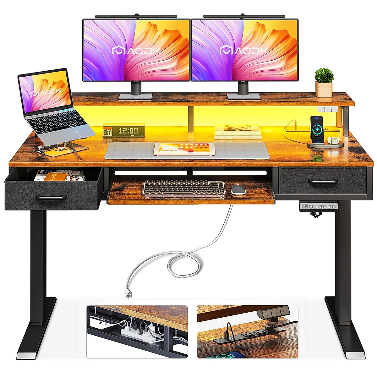 AODK Electric Standing Desk with Drawers & Keyboard Tray, 47 Inch Height Adjustable Small Gaming Desk with Power Outlets & LED Lights, Sit Stand Table with Monitor Stand for Home, Office, Rustic Brown