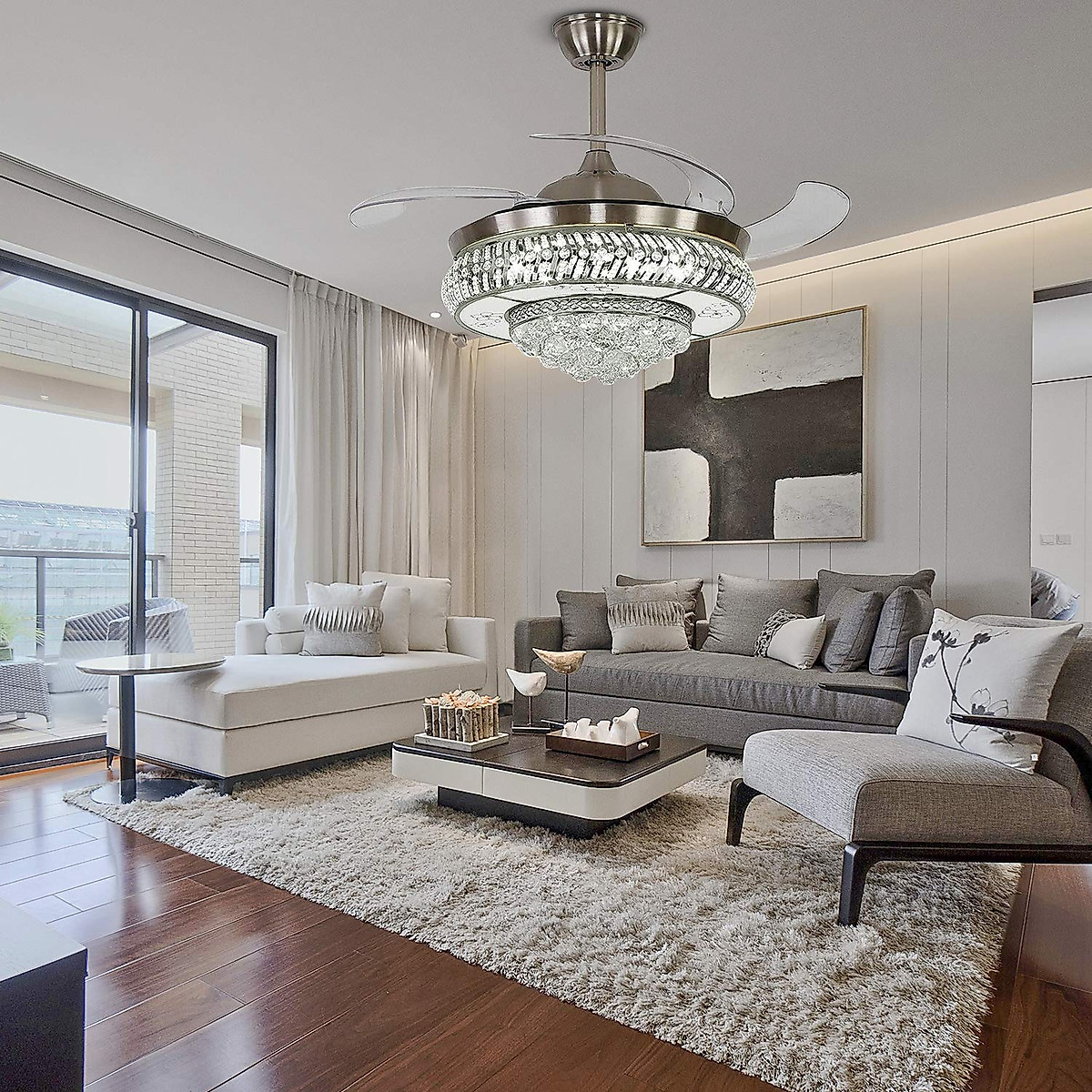 YIYIBYUS Modern Retractable Crystal Ceiling Fan with Light and Remote Control Ceiling Fan Dimmable 3 Speed Timing Smart Ceiling Fan Chrome Silver for Living Room,Bedroom (Silver, 42 inch)