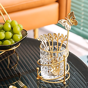 INPROPEXT 6PCS Coffee Spoons Set with Glass Holder,Small Stainless Steel Gold Tea Spoons,Mini Dessert Spoons Set for Fruit,Stirring, Mixing, Sugar, Ice Cream, Cake (6 x Spoons)