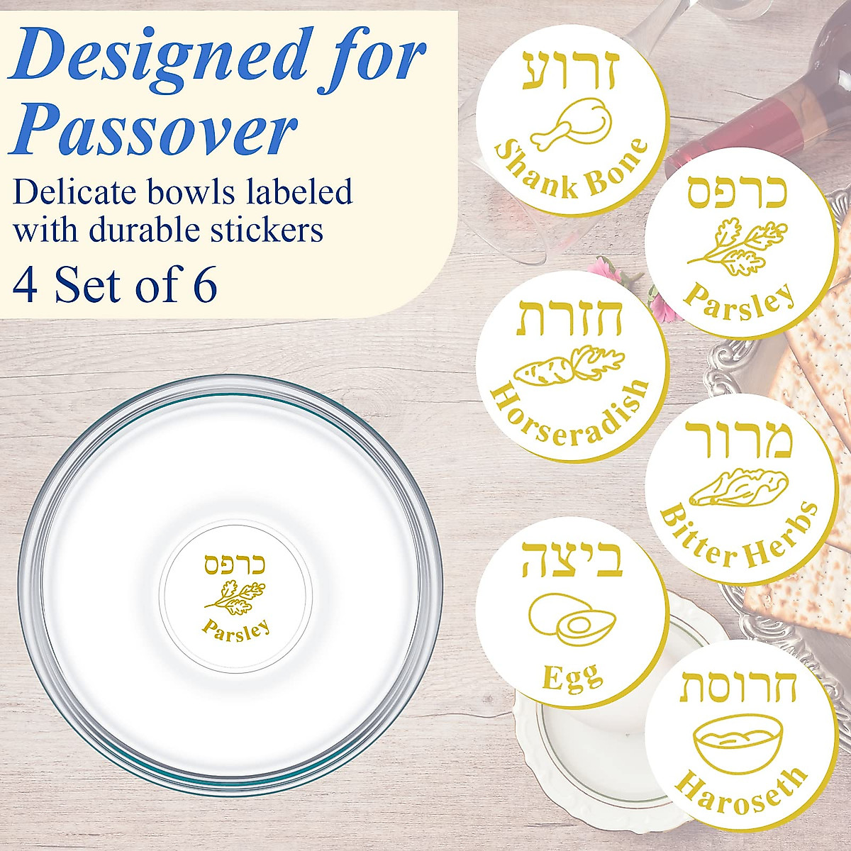 24 Pcs Passover Seder Plate Glass Dishes Liners Mini Plates 4 Sets of 6 with Hebrew and English Translation Glass Seder Plate Liners Decor for Passover Pesach Seder Round Glass Bowls, Small