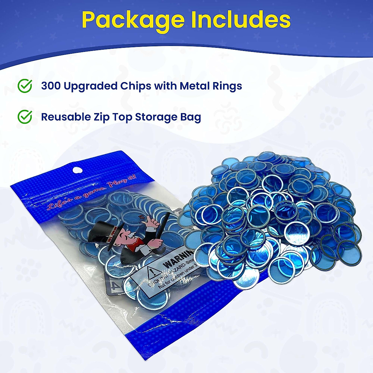 MR CHIPS Magnetic Bingo Chips with Metal Ring 3/4 Inch 300 Upgraded Pieces Blue Transparent - Available in 7 Colors A Reusable Storage Bag