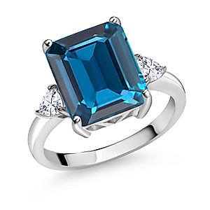 Gem Stone King 925 Sterling Silver London Blue Topaz and White Moissanite 3 Stone Ring For Women (7.82 Cttw, Gemstone Birthstone, Emerald Cut 12X10MM, Available In Size 5, 6, 7, 8, 9)