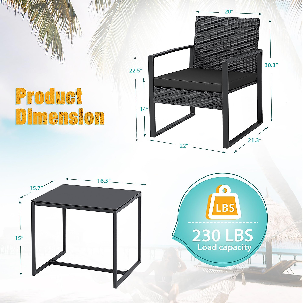 Flamaker 3 Pieces Patio Set Outdoor Wicker Patio Furniture Sets Modern Bistro Set Rattan Chair Conversation Sets with Coffee Table for Yard and Bistro (Black)